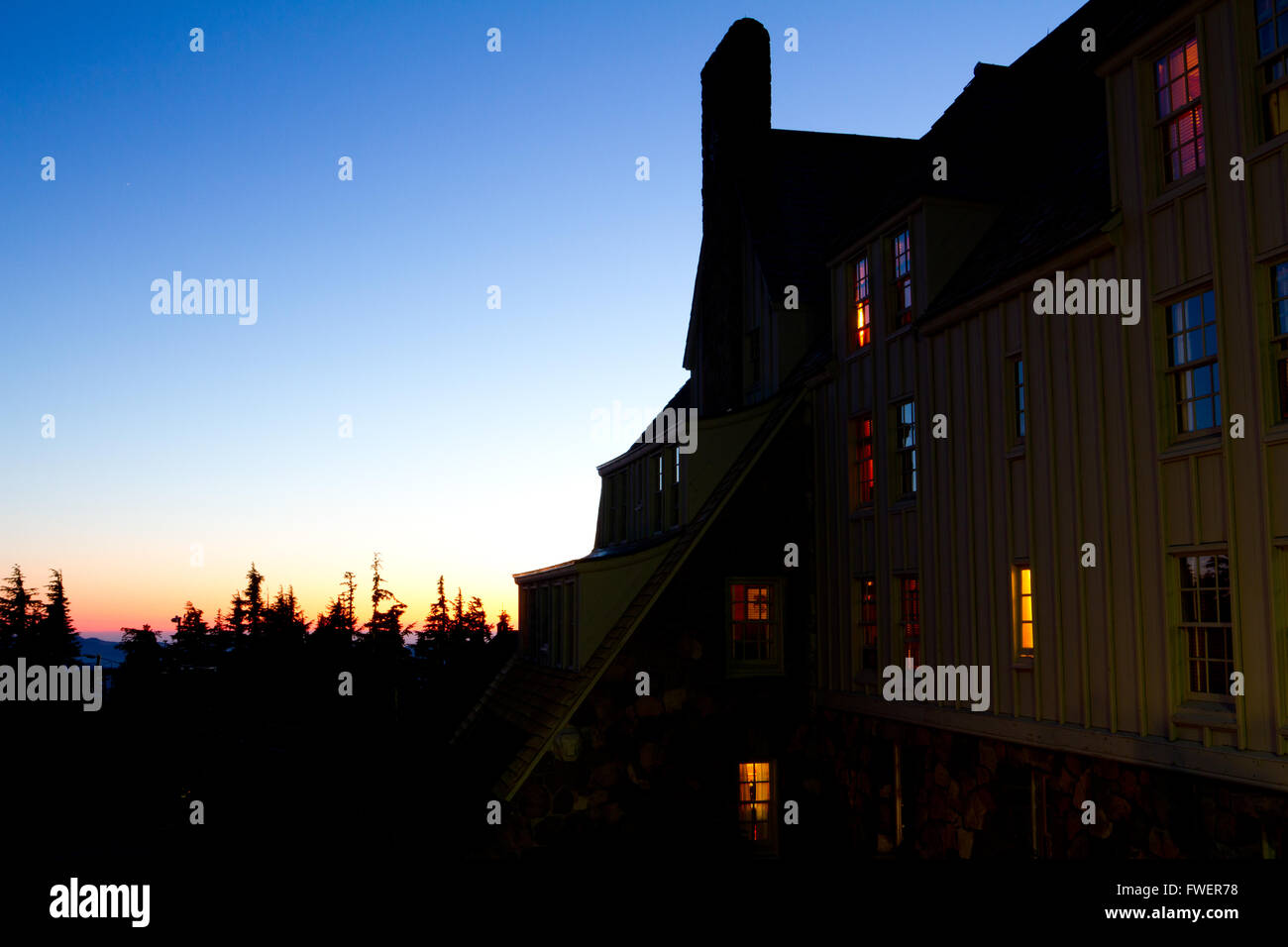 Timberline Lodge on Mount Hood in Oregon is photographed from the side ...