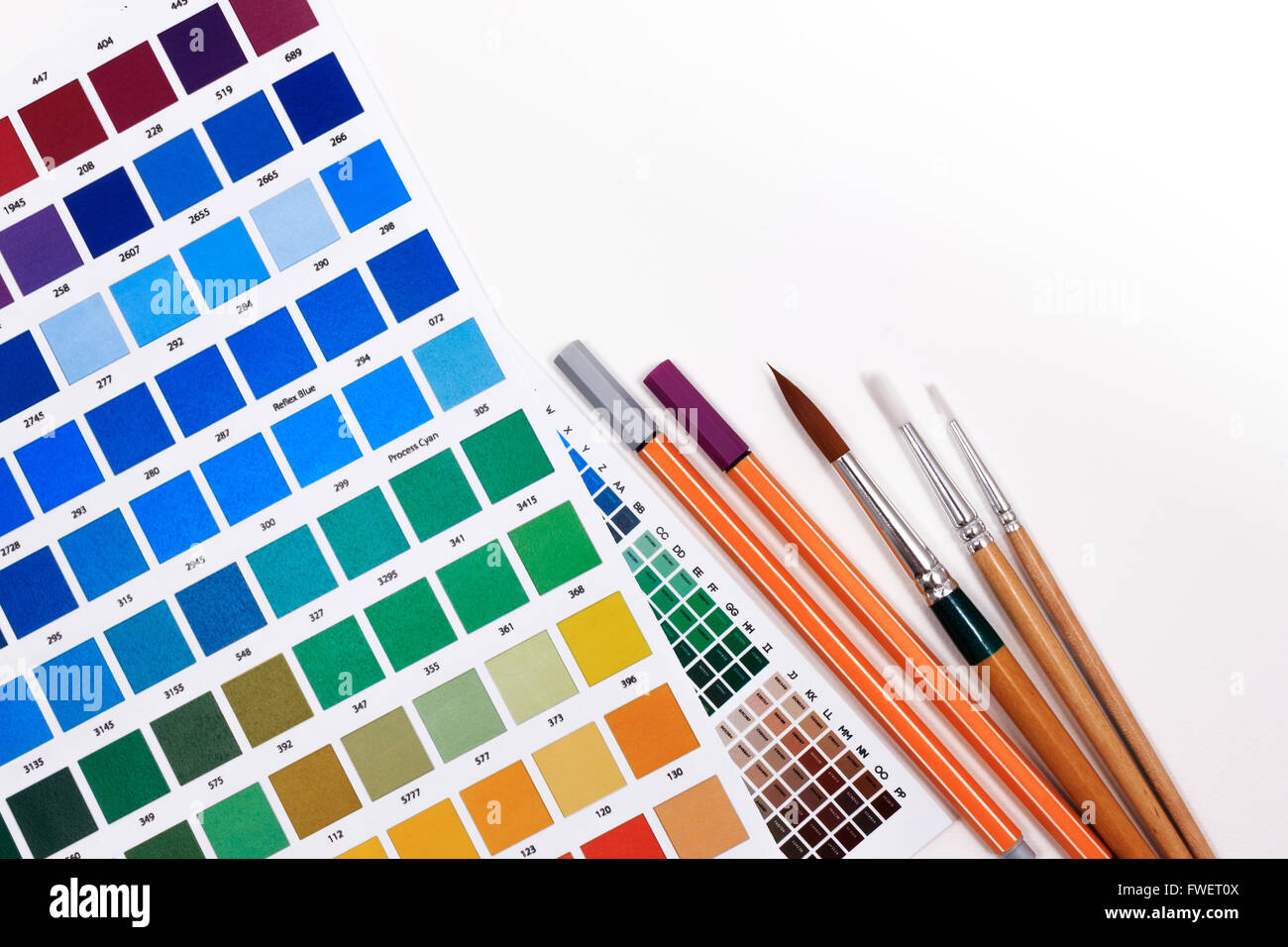 Color chart guide to creative color combinations with brushes on a ...