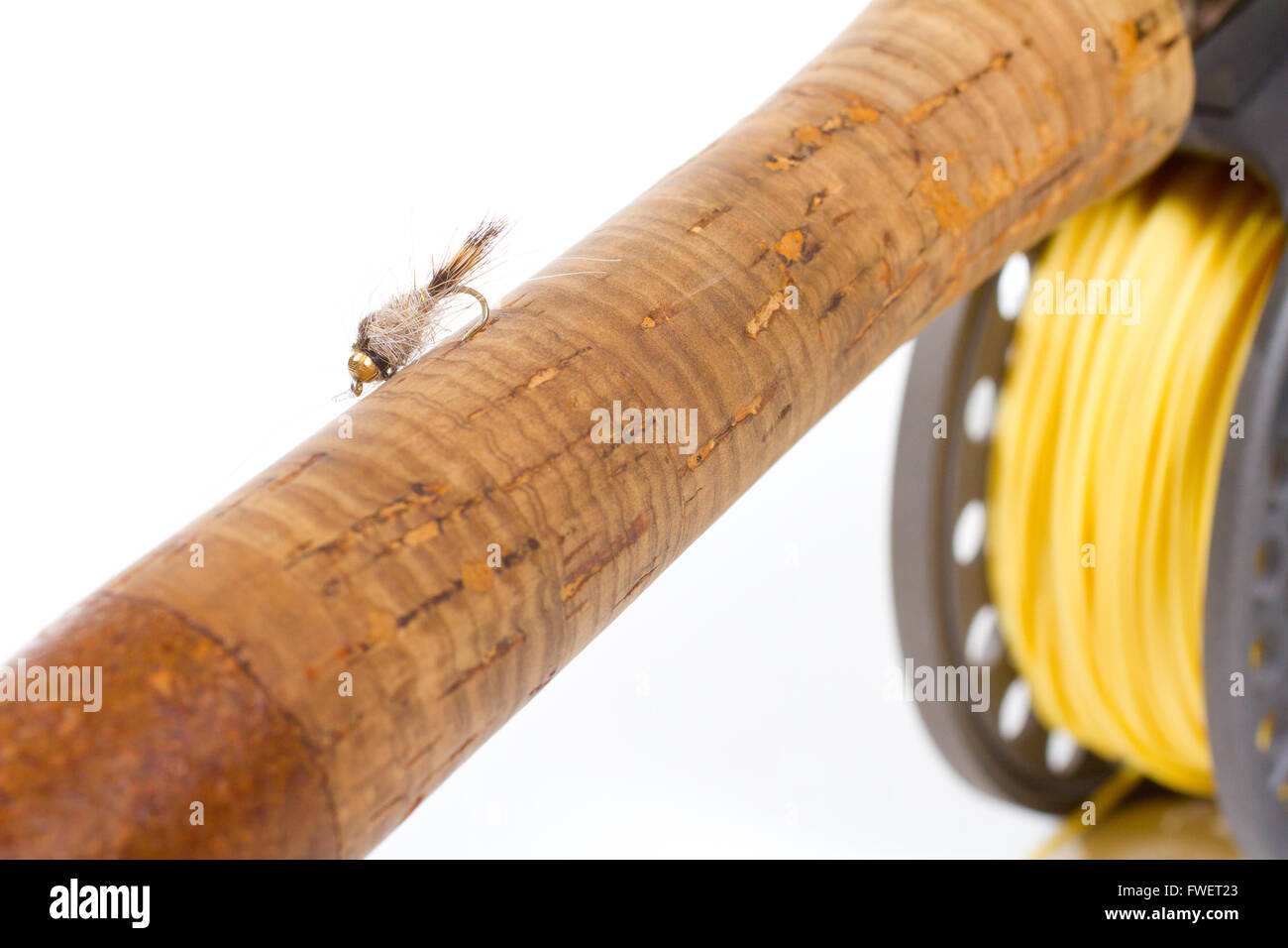 A hares ear bugger nymph is photographed in a lighting studio with a ...