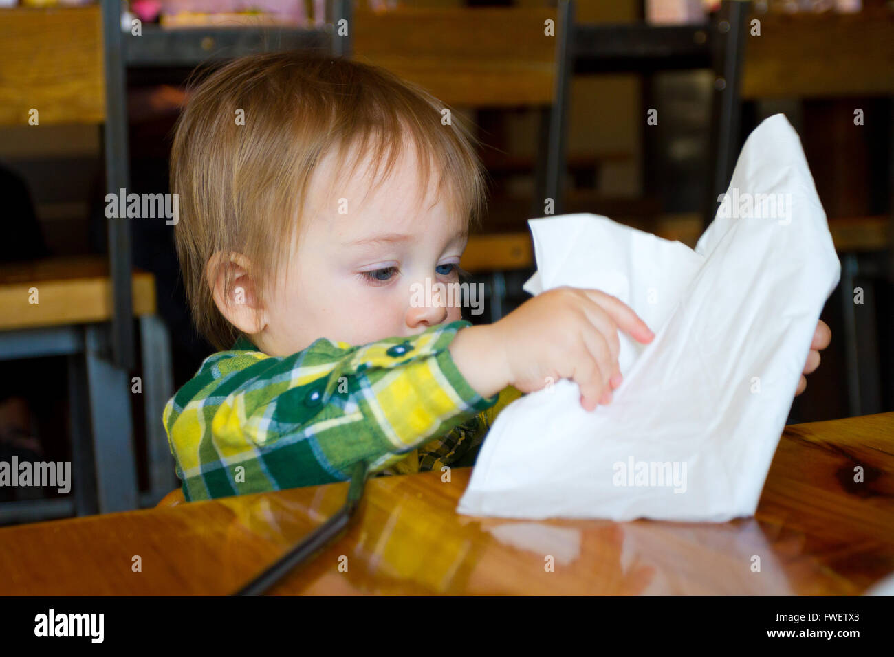 A young one year old toddler boy plays with a napkin at a restaurant ...