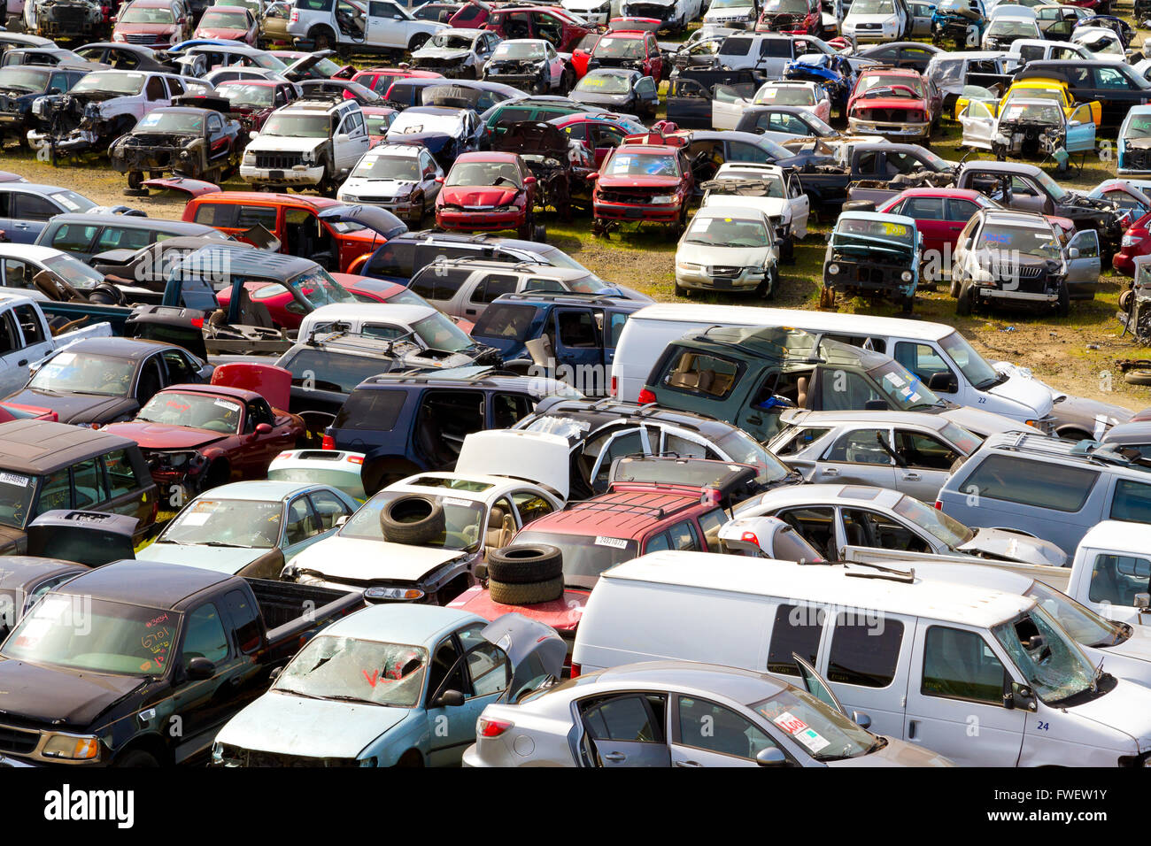 The scene shows many cars and other automobiles in a salvage junk yard ...