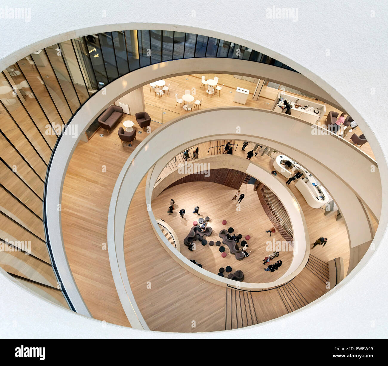 View from above towards galleries and ground floor of atrium. The ...