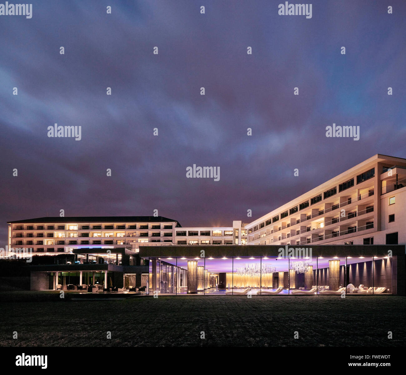 View from lake towards spa and hotel building. The Europe Hotel ...