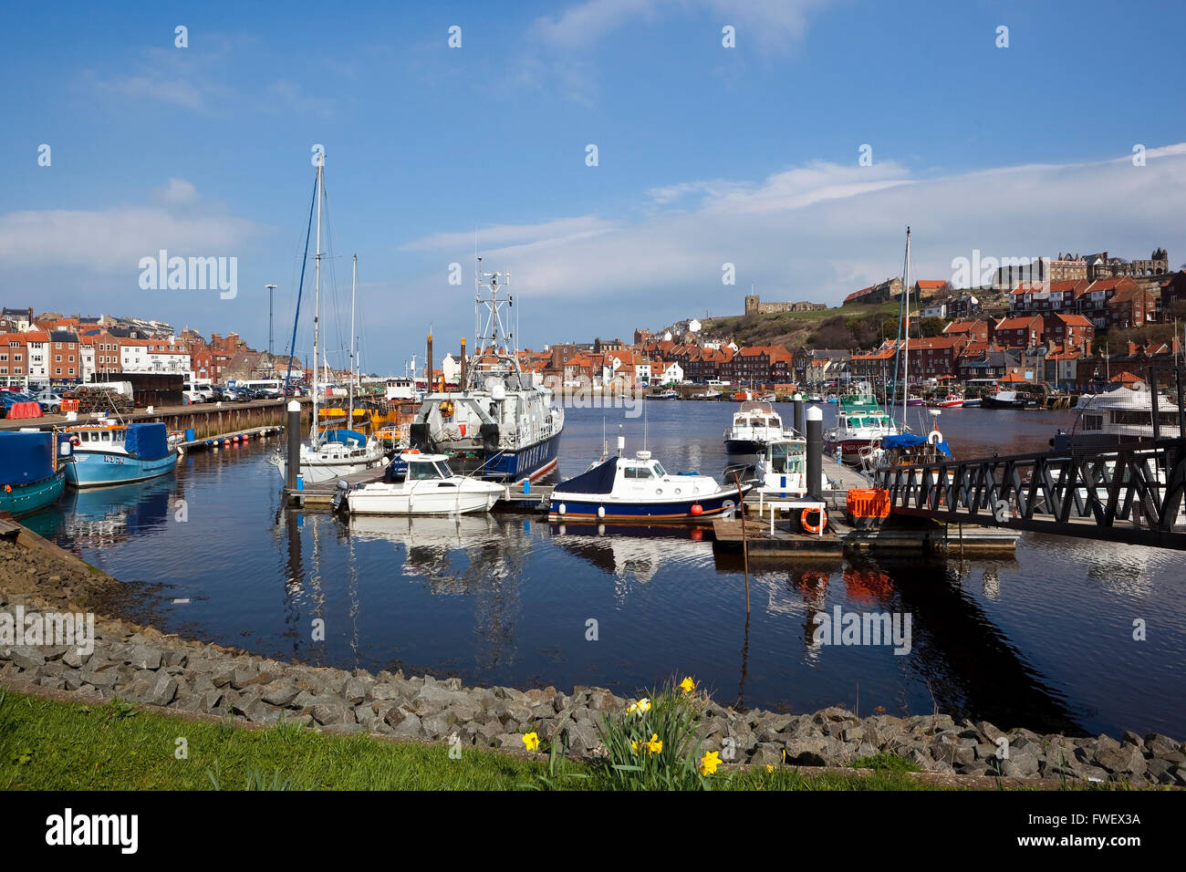 Whitby harbour on the Yorkshire coast viewed from the Marina on a ...