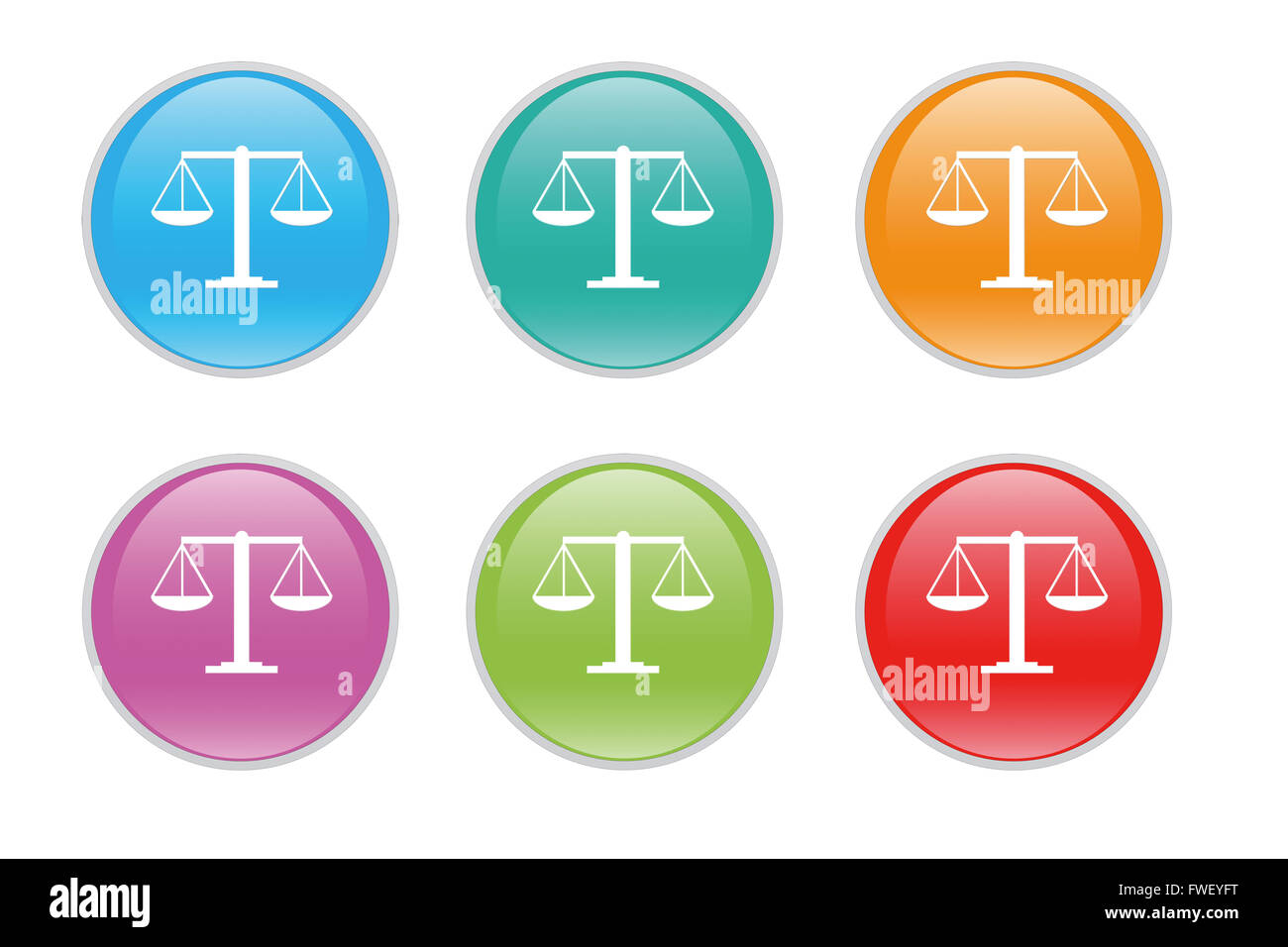 Set of rounded colorful buttons with legal symbol in blue, green, red ...