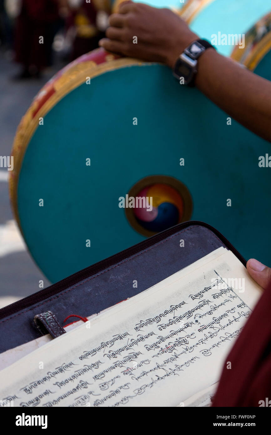 Nepal, Kathmandu, Swayambhunath. Buddhist Monk Holding Text Written in ...