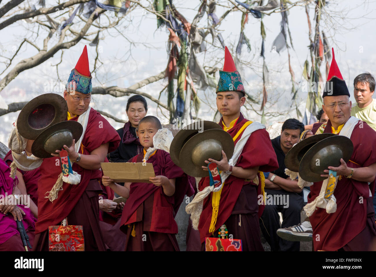 Nepal, Kathmandu, Swayambhunath. Tibetan Buddhist Monks Playing Cymbals ...