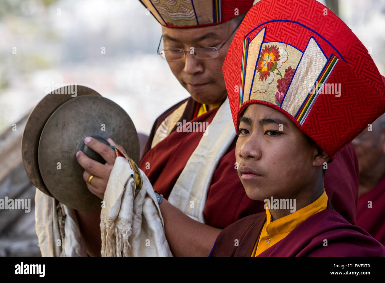 Nepal, Kathmandu, Swayambhunath. Buddhist Monks Playing Cymbals during ...