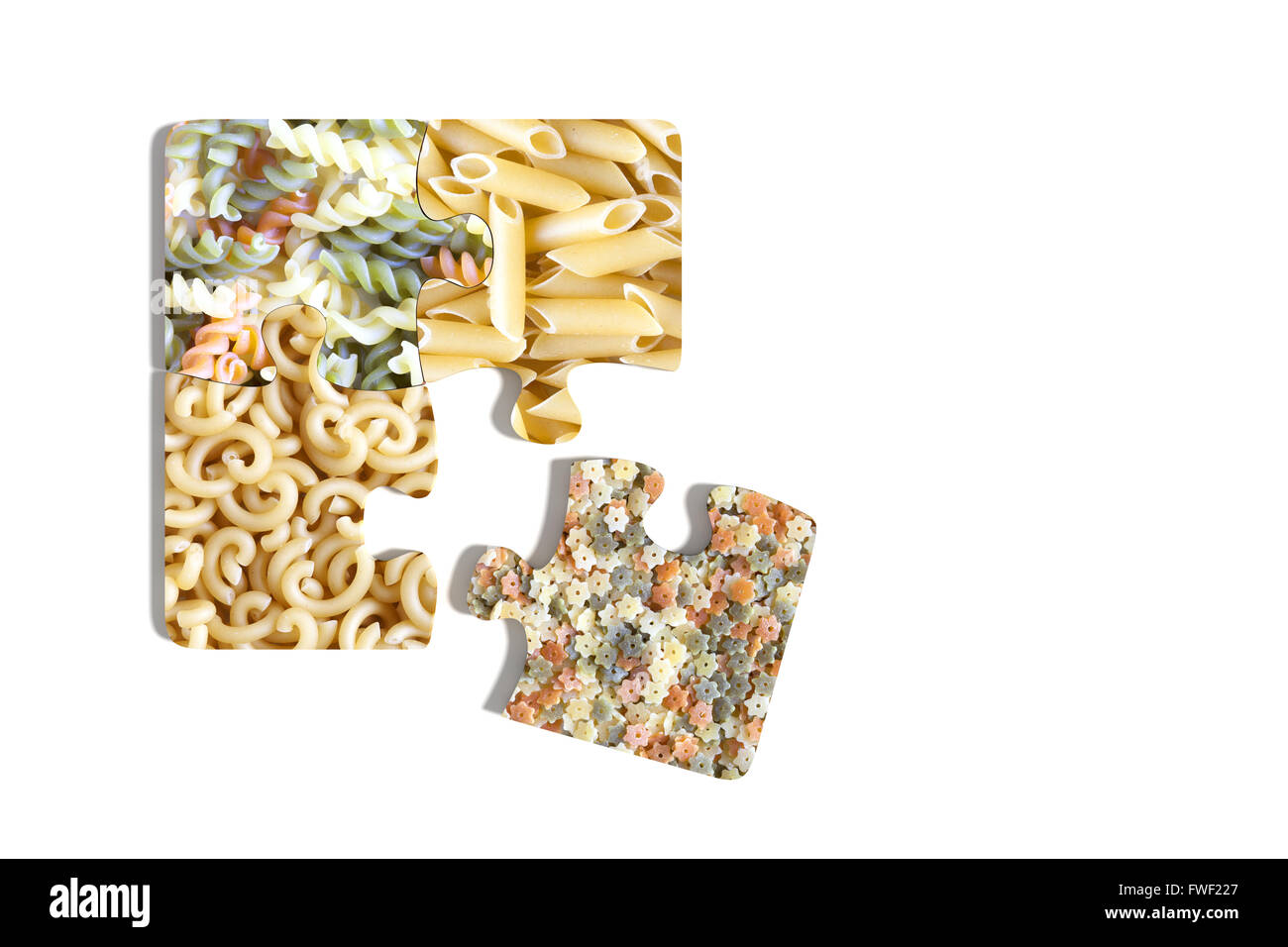 3d rendering of four puzzle pieces with different types of spaghetti ...