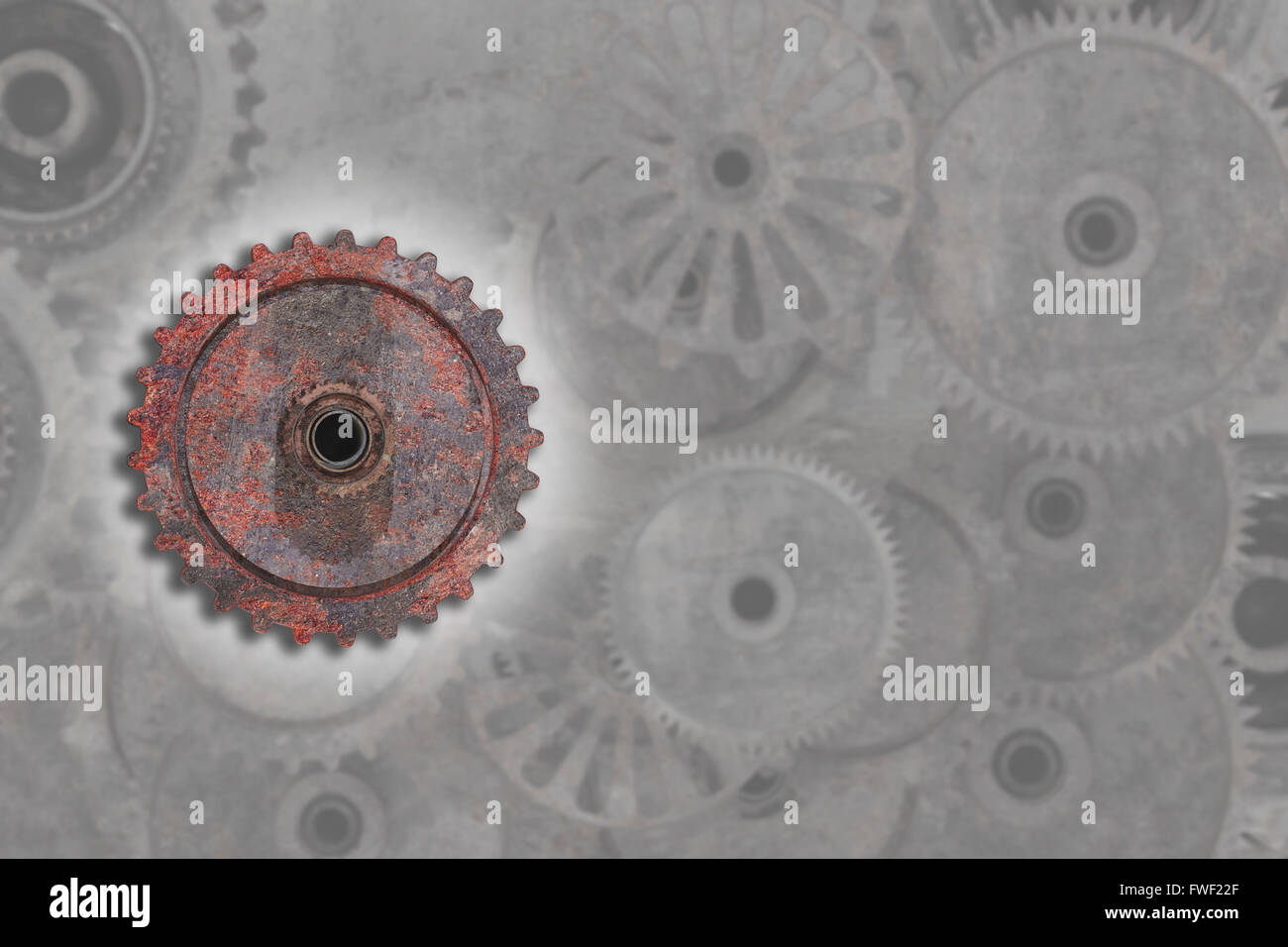 3d rendering of rusty gear wheel in close-up. Many of cogwheels on ...