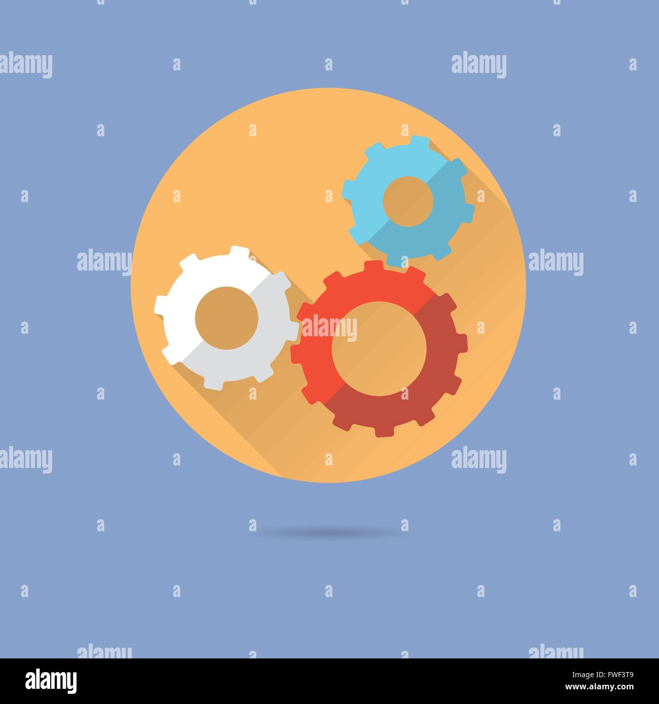 cogs flat design long shadow vector icon in circle on pastel blue ...