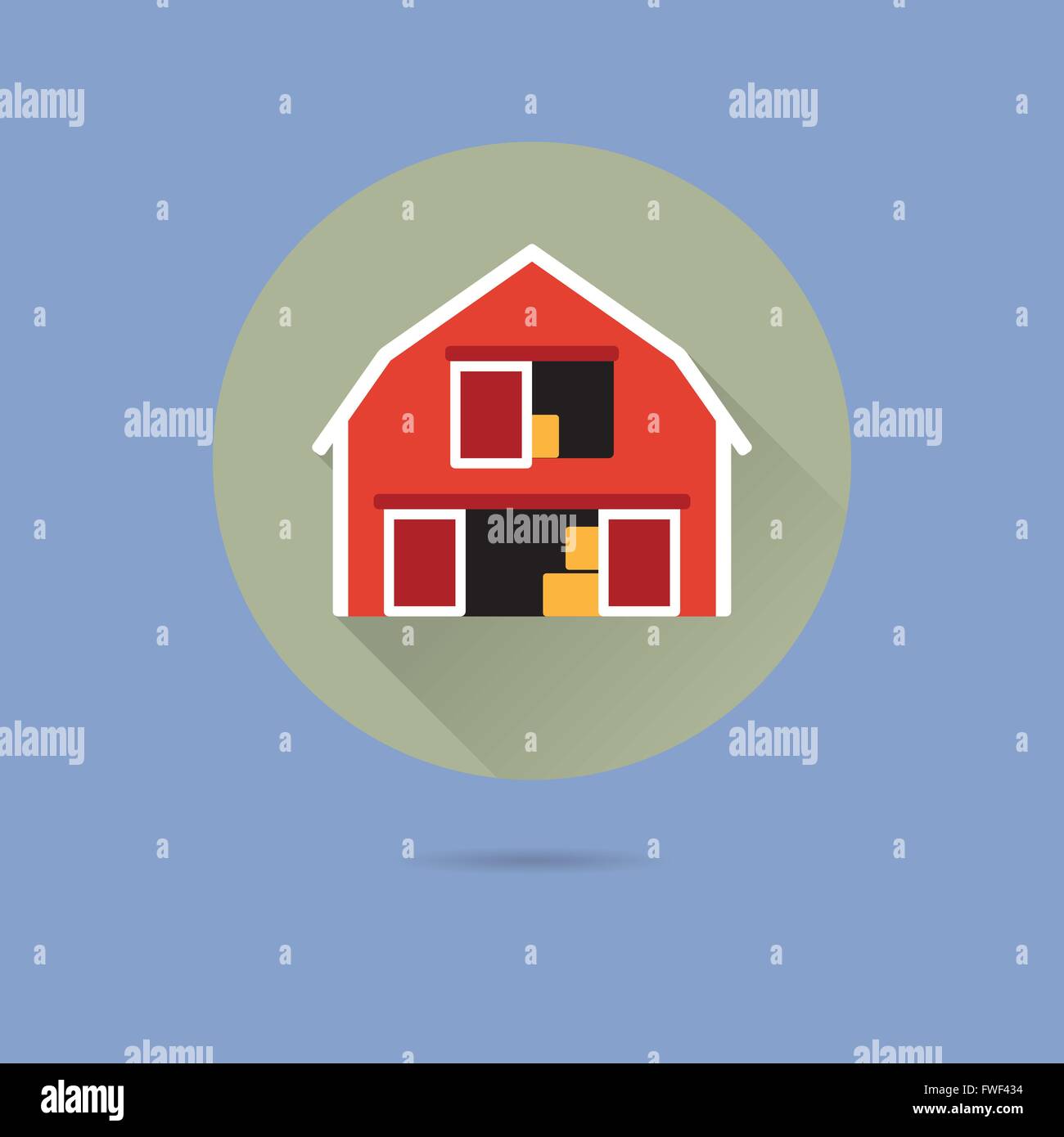 red barn flat design long shadow vector icon in circle on pastel blue ...