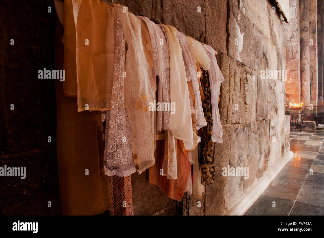 Handmade veils for covering womans hair, Tatev monastery Stock Photo ...