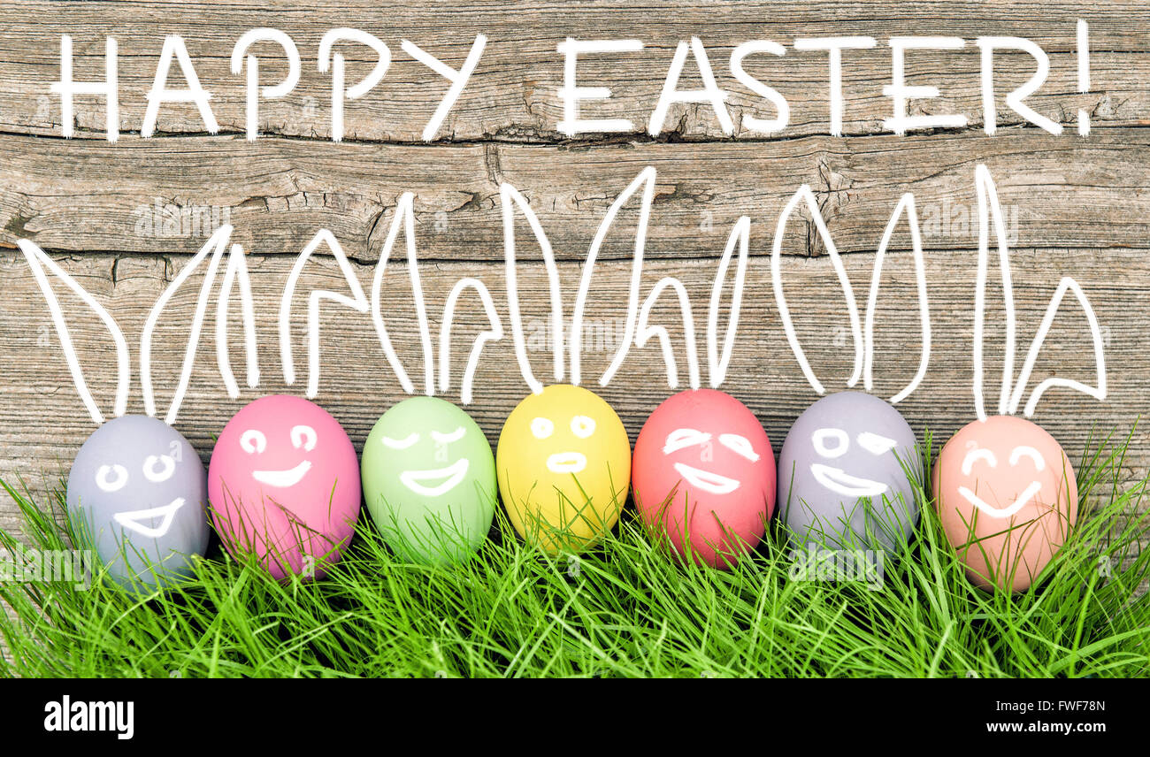 Funny bunnies smiling easter eggs decoration. Holidays background ...