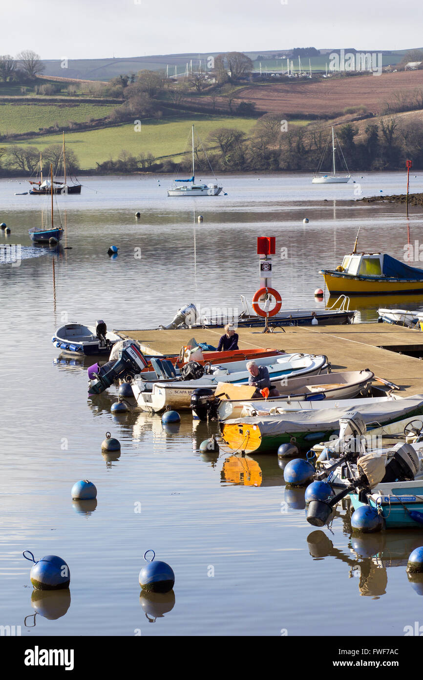 bailing out boats at stoke gabriel pontoon, River Dart estuary and the ...