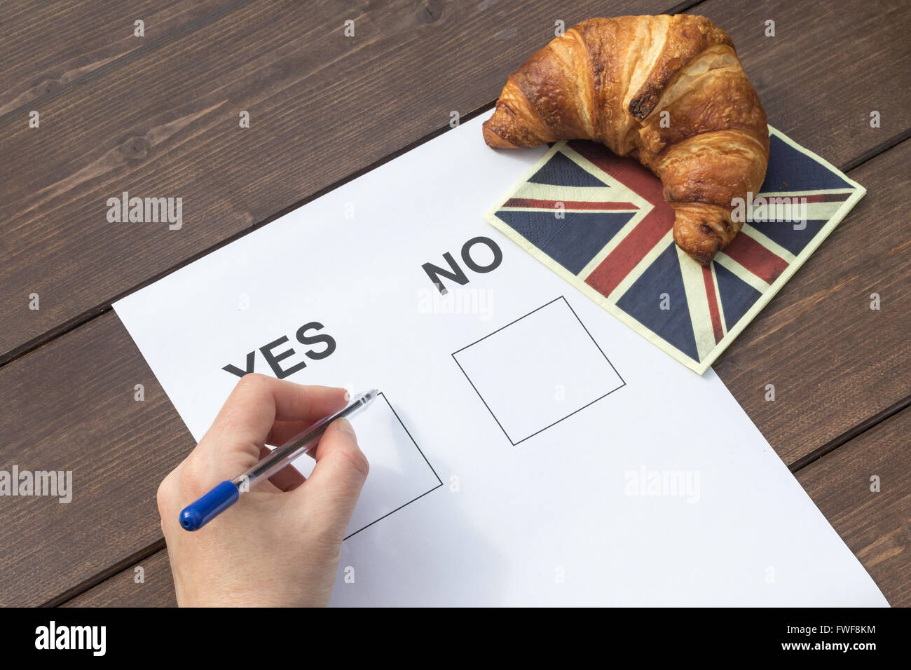 Aerial view of a female hand ready to fill YES in the printed form ...