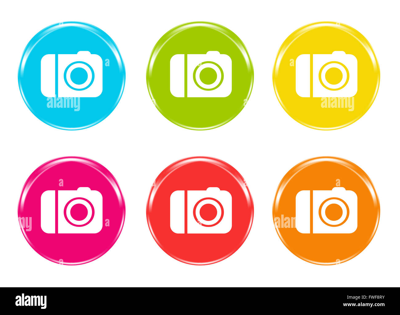 Set of colorful icons with camera symbol in blue, green, yellow, pink ...
