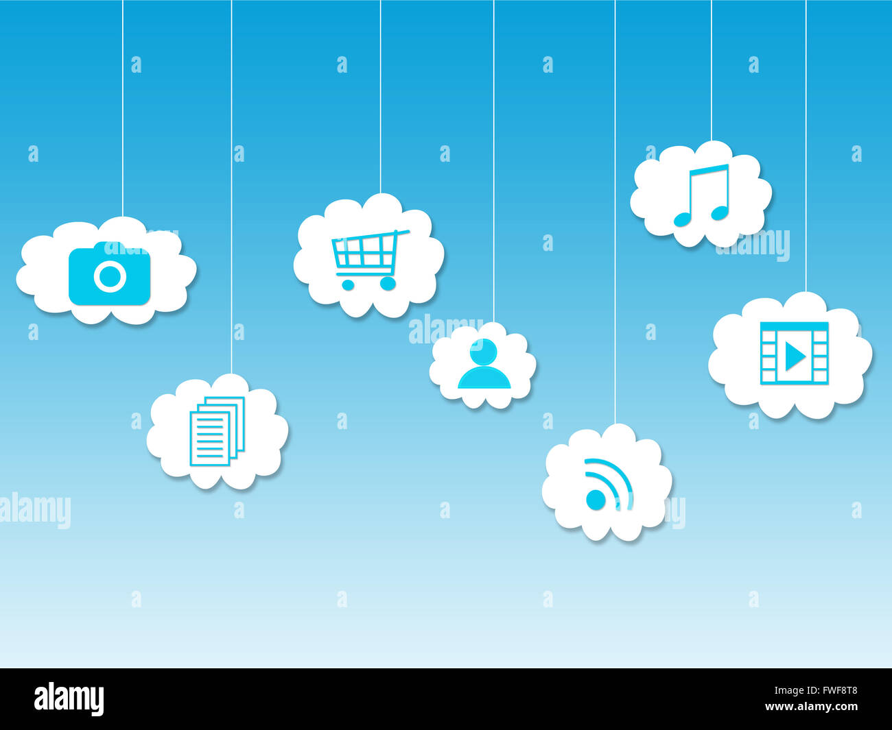 In the cloud, cloud computing applications on blue background Stock ...