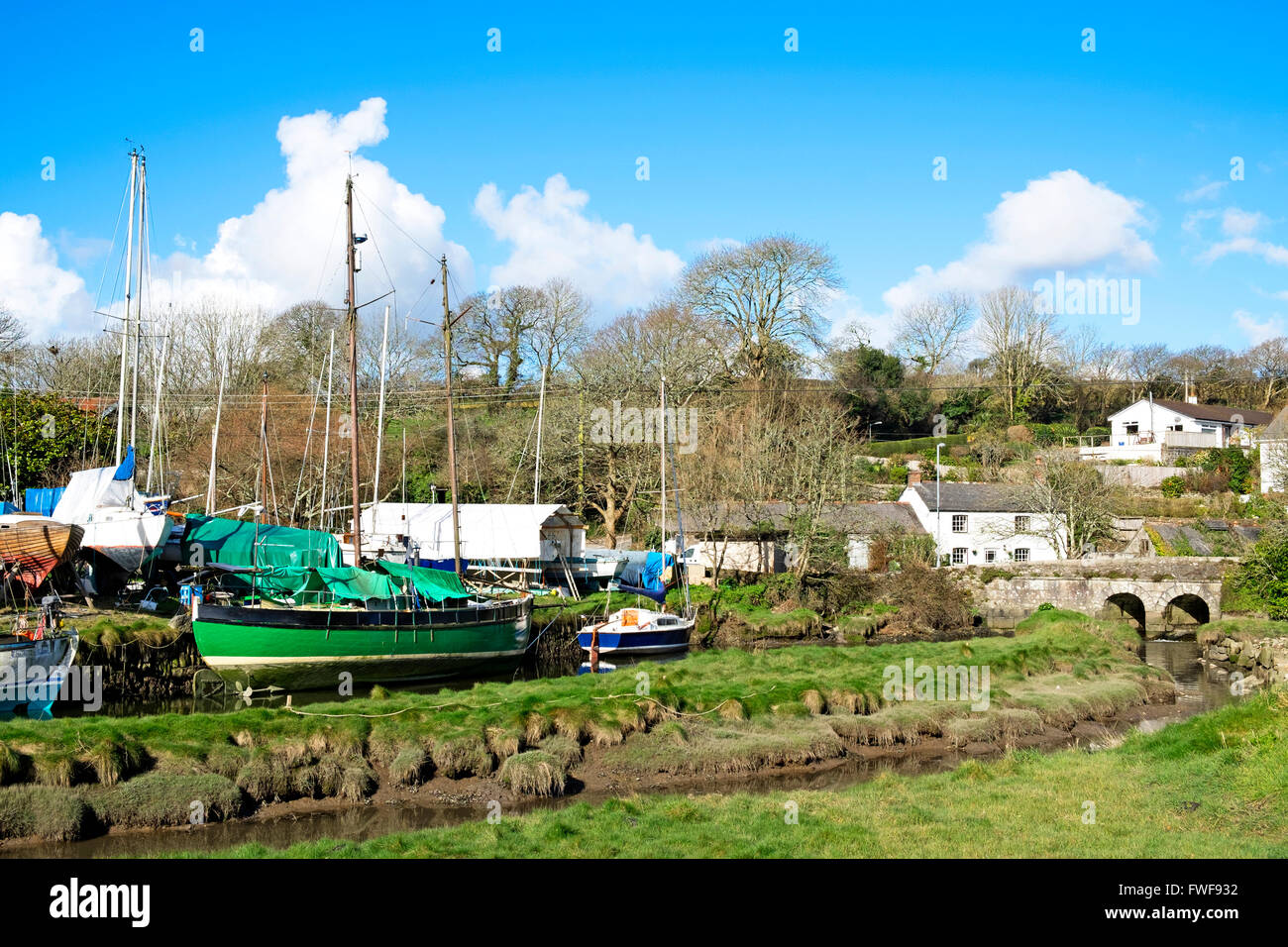 The boatyard in the village of Gweek near Helston, Cornwall, England ...