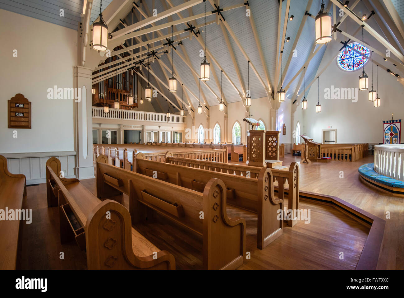 Interior church building pews Stock Photo - Alamy