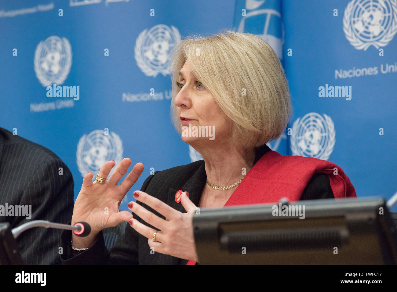 New York, United States. 04th Apr, 2016. Agnès Marcaillou speaks with ...