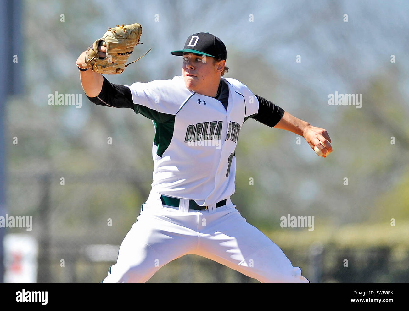 Cleveland, MS, USA. 03rd Apr, 2016. Delta State pitcher Dalton Moats ...