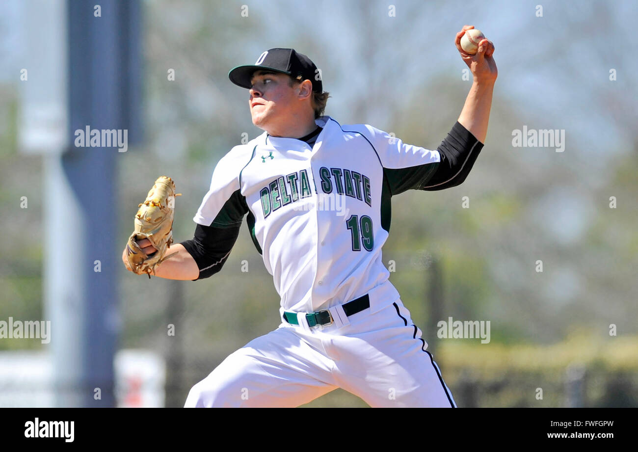 Cleveland, MS, USA. 03rd Apr, 2016. Delta State pitcher Dalton Moats ...