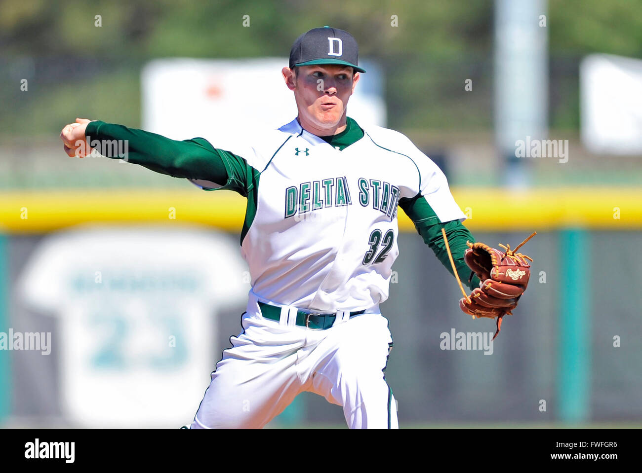 Cleveland, MS, USA. 03rd Apr, 2016. Delta State pitcher Trevor Blocker ...