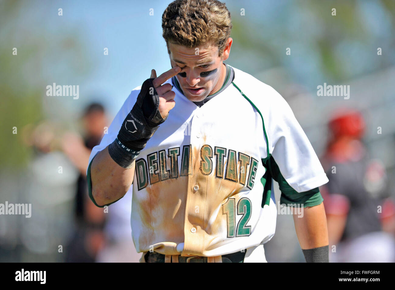 Cleveland, MS, USA. 03rd Apr, 2016. Delta State outfielder Brandon ...