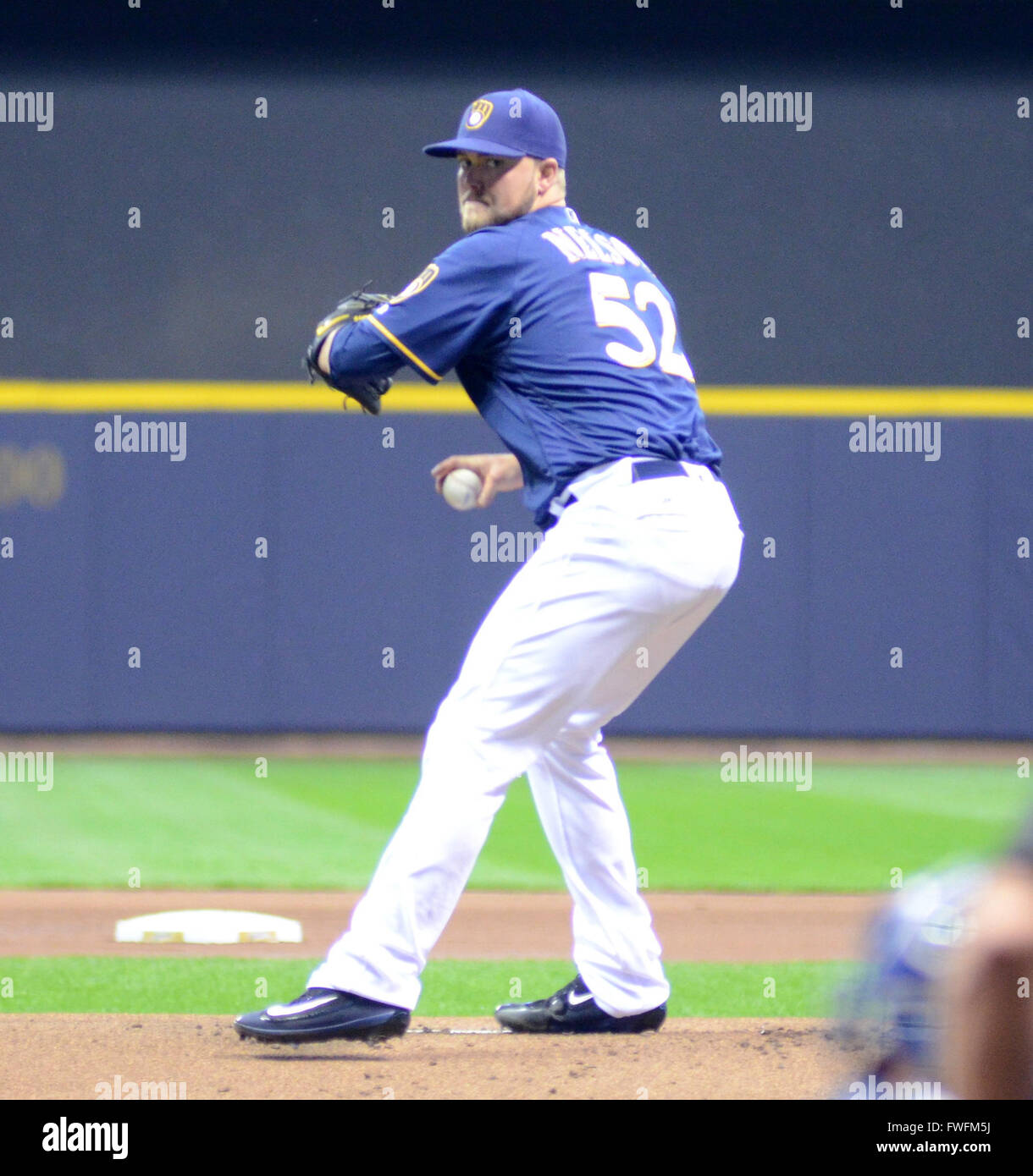 Milwaukee, WI, USA. 05th Apr, 2016. Milwaukee Brewers starting pitcher ...