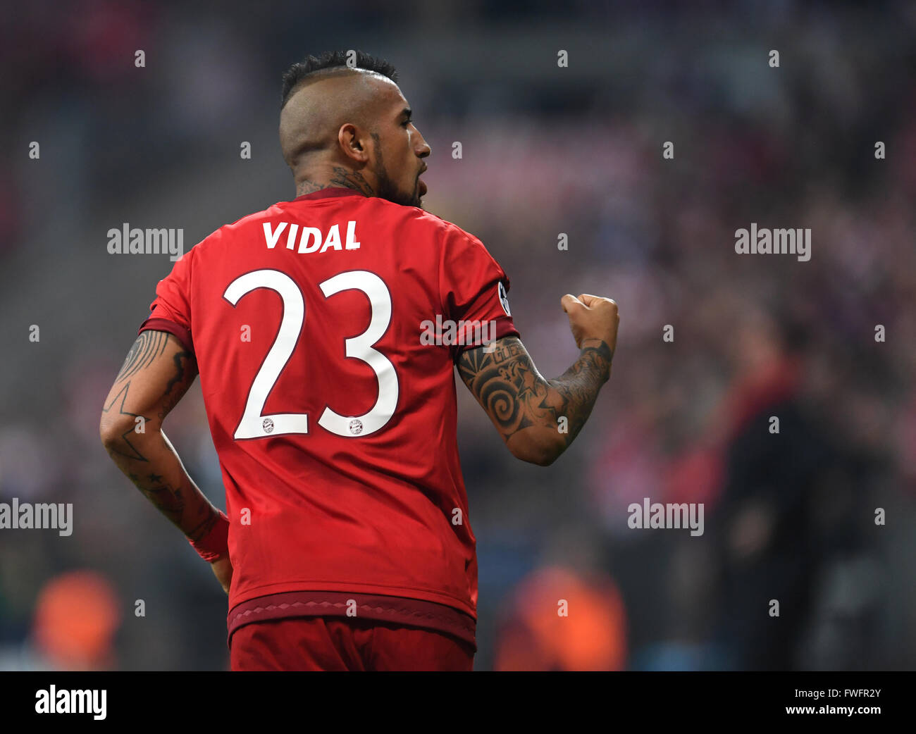 Munich's Arturo Vidal in action during the Champions League quarter ...