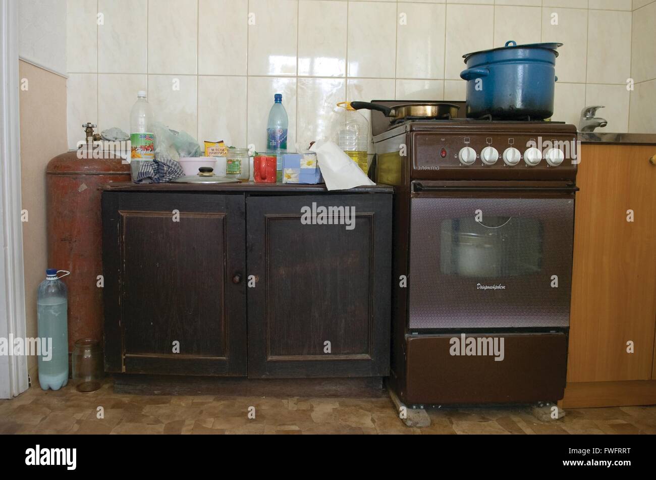 Odessa, Ukraine. Old basic kitchen with brown freestanding oven old ...