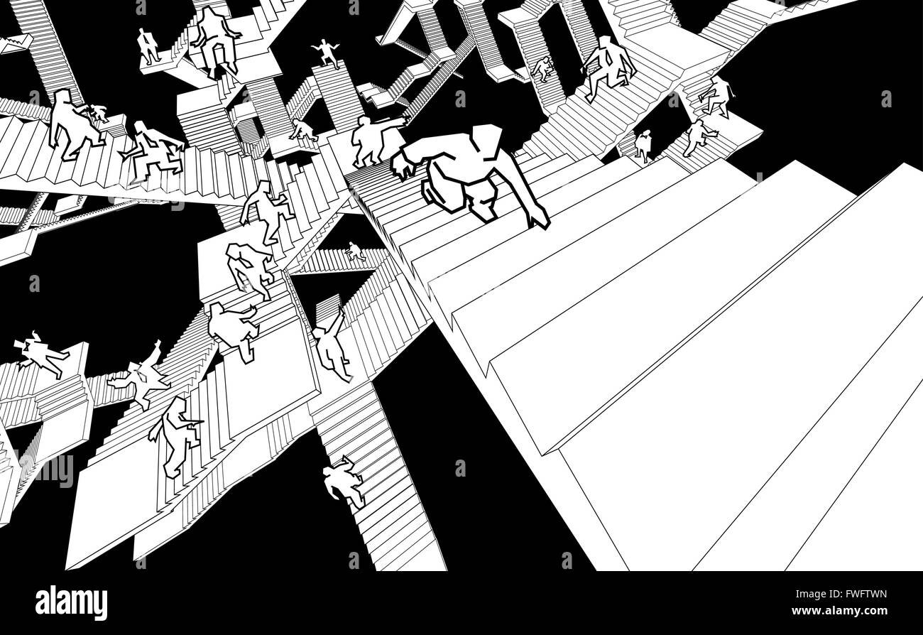lost and confused people running upwards and downwards a labyrinth of ...