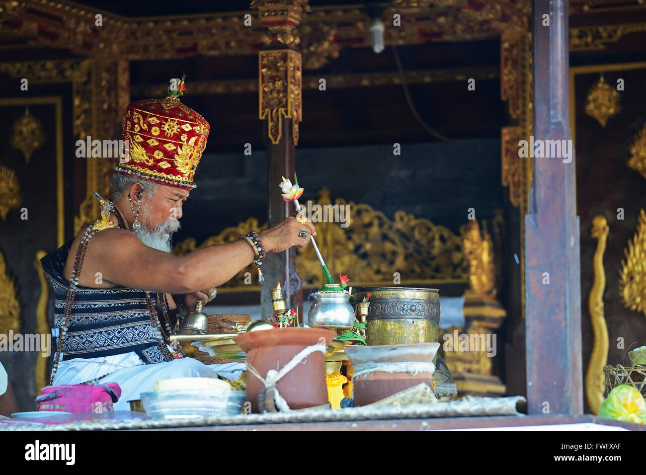 priest during mass, bat temple Goa Lawah, Bali, Indonesia Stock Photo ...