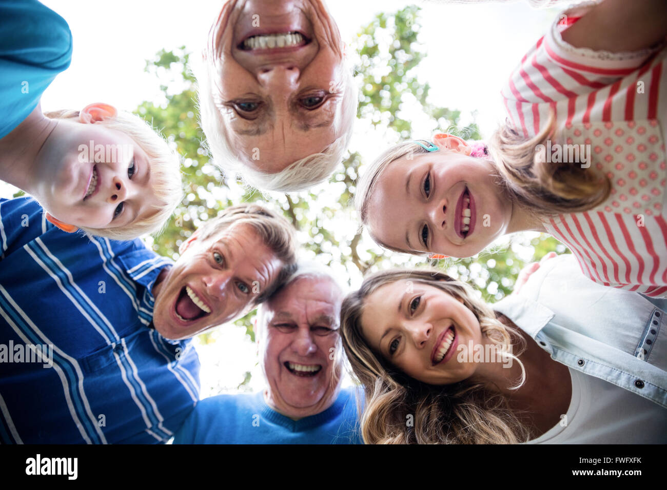 Portrait of happy multi-generation family forming a huddle in park ...