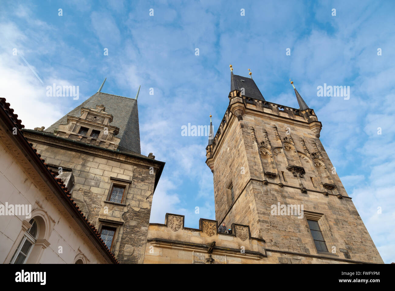 Close up detailed historical gothic stone tower view in Prague, on ...