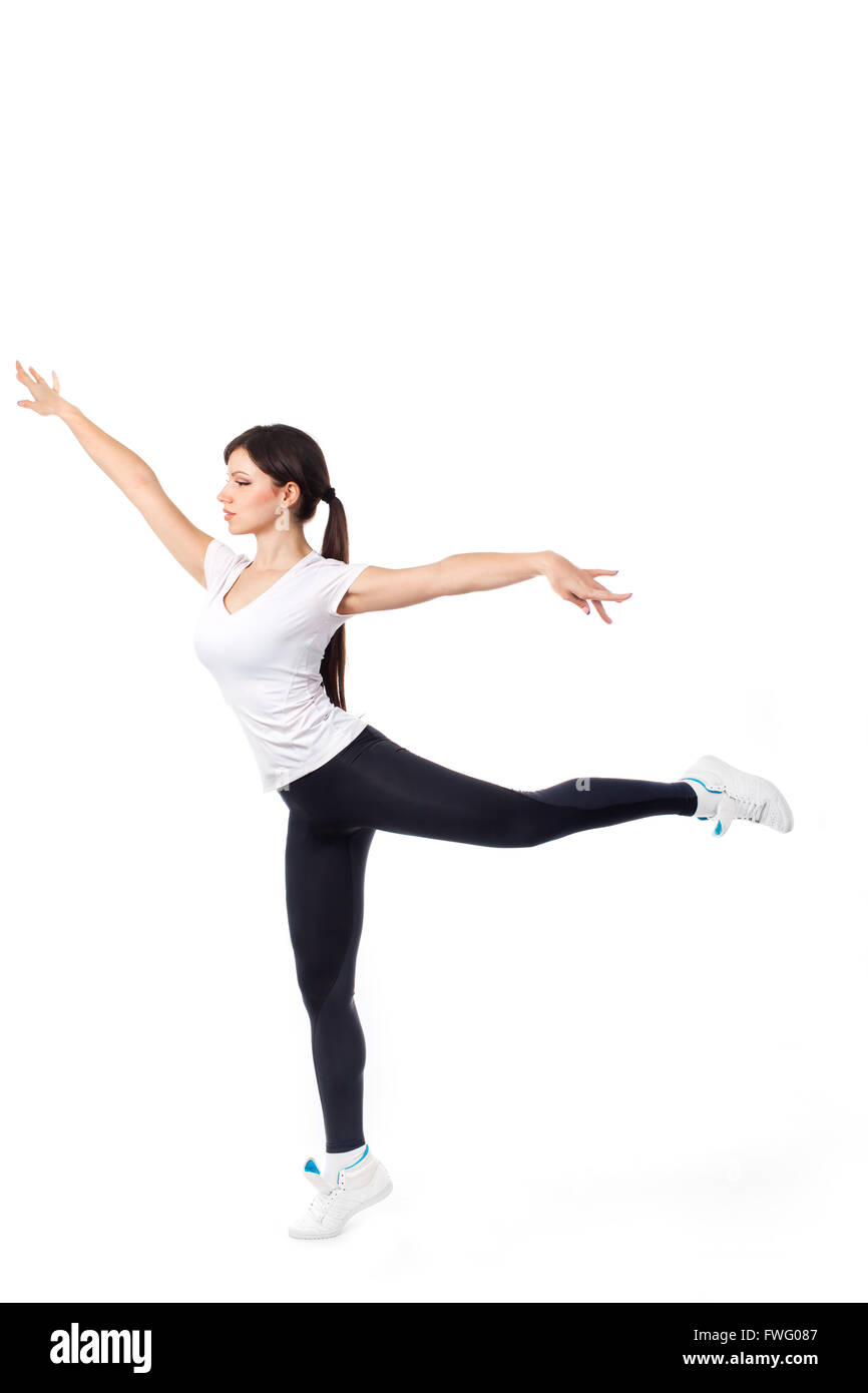 Pretty modern woman jumping dancing isolated on a white studio ...