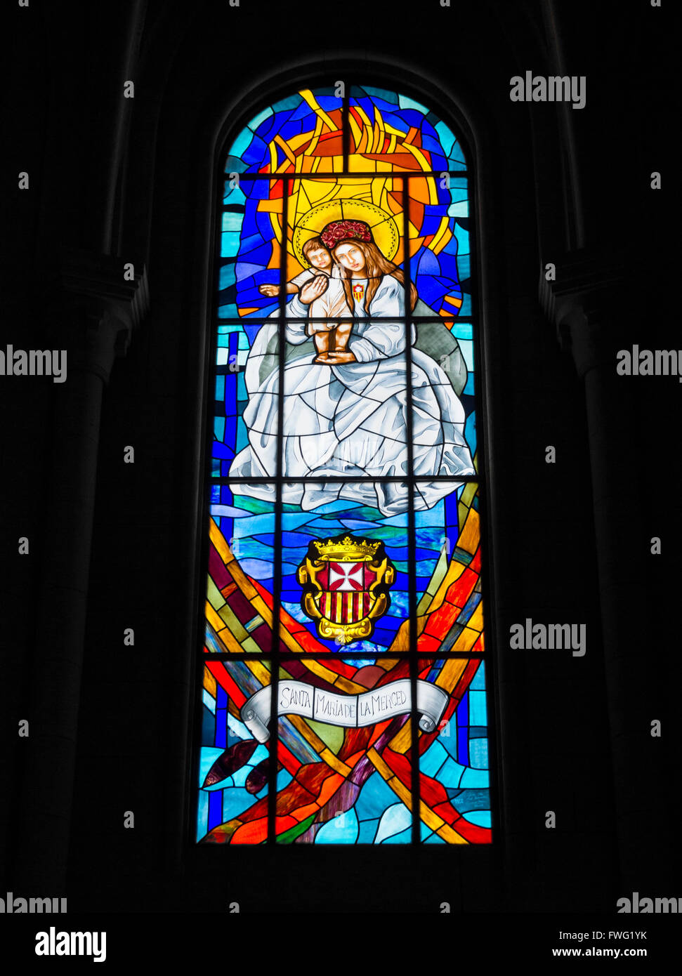 Stained glass window depicting Maria de La Merced (Virgin of Mercy) in ...