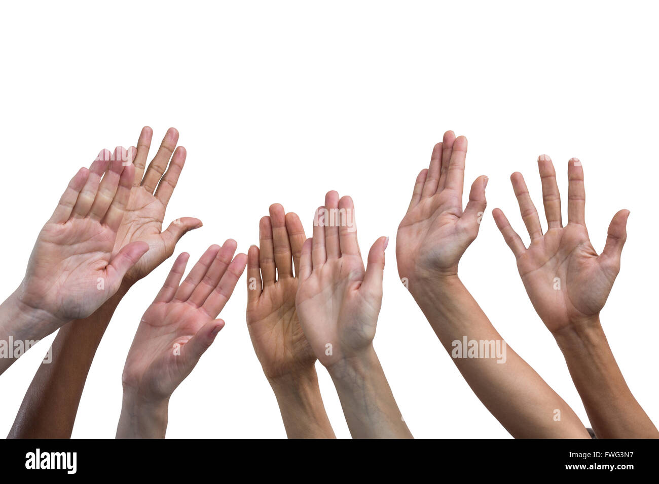Multiethnic women raising their hands up Stock Photo - Alamy