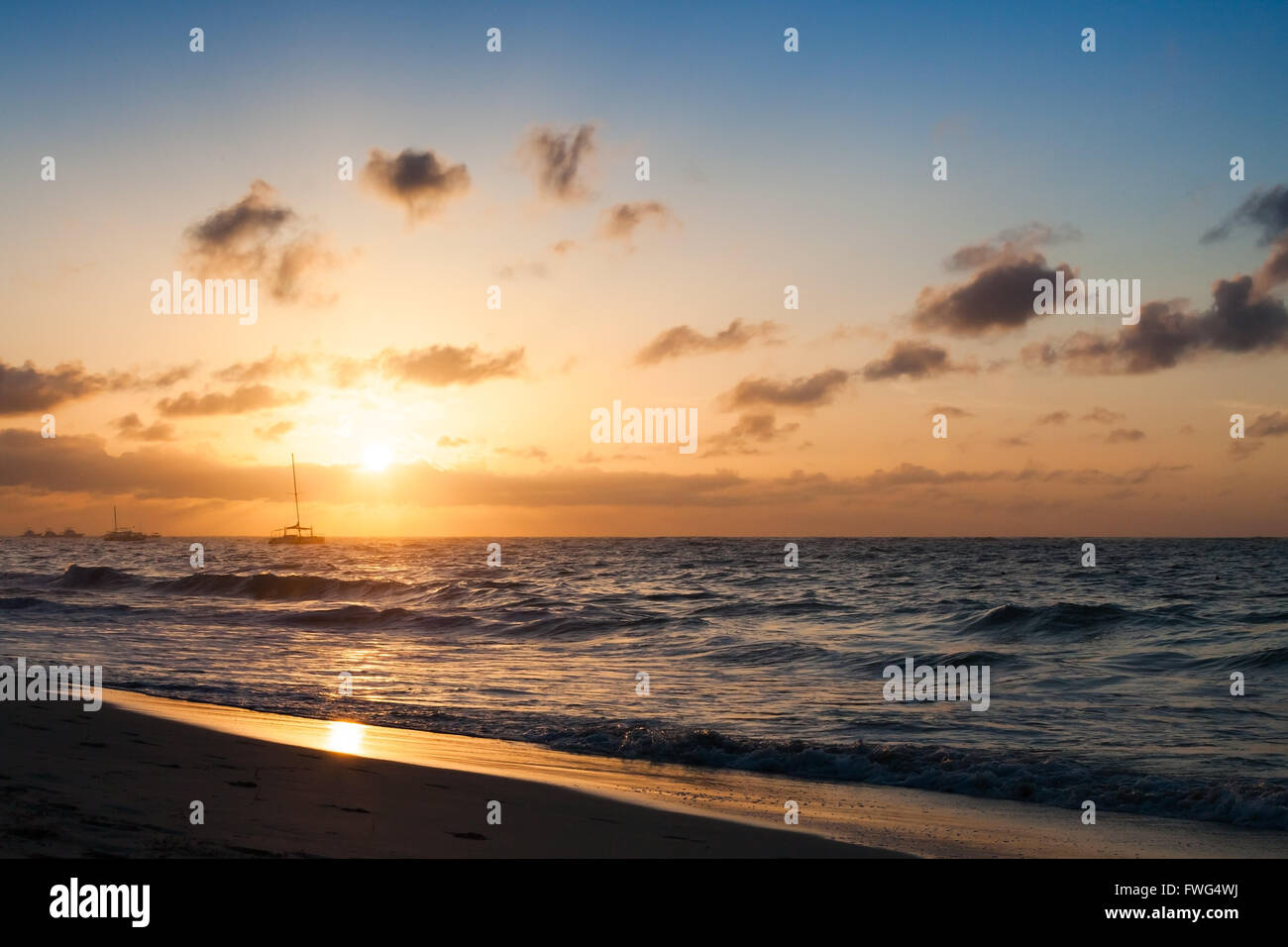 Sun is rising over Atlantic ocean. Dominican republic, Punta Cana beach ...