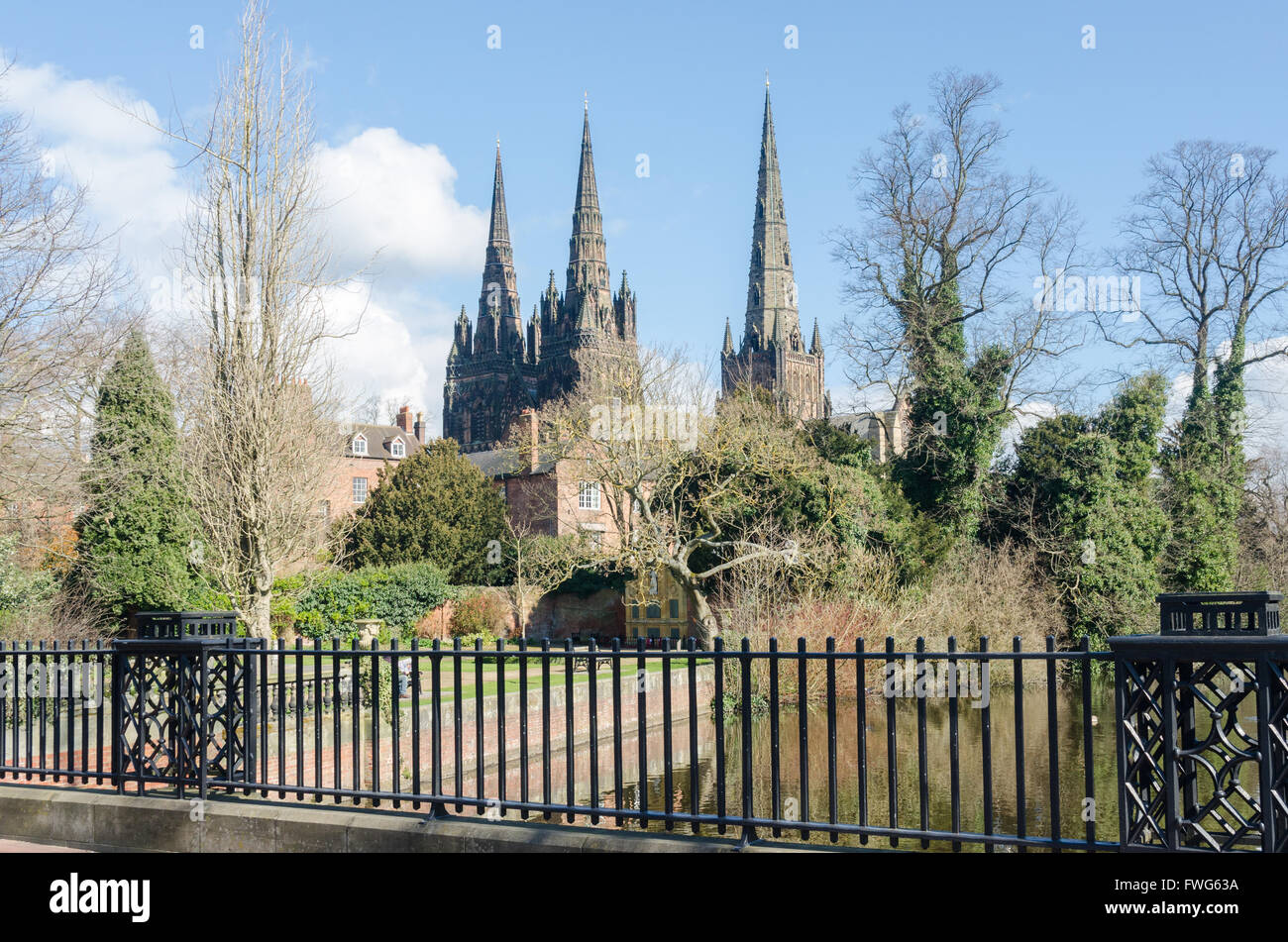 Three spires of Lichfield Cathedral viewed from Bird Street Stock Photo ...