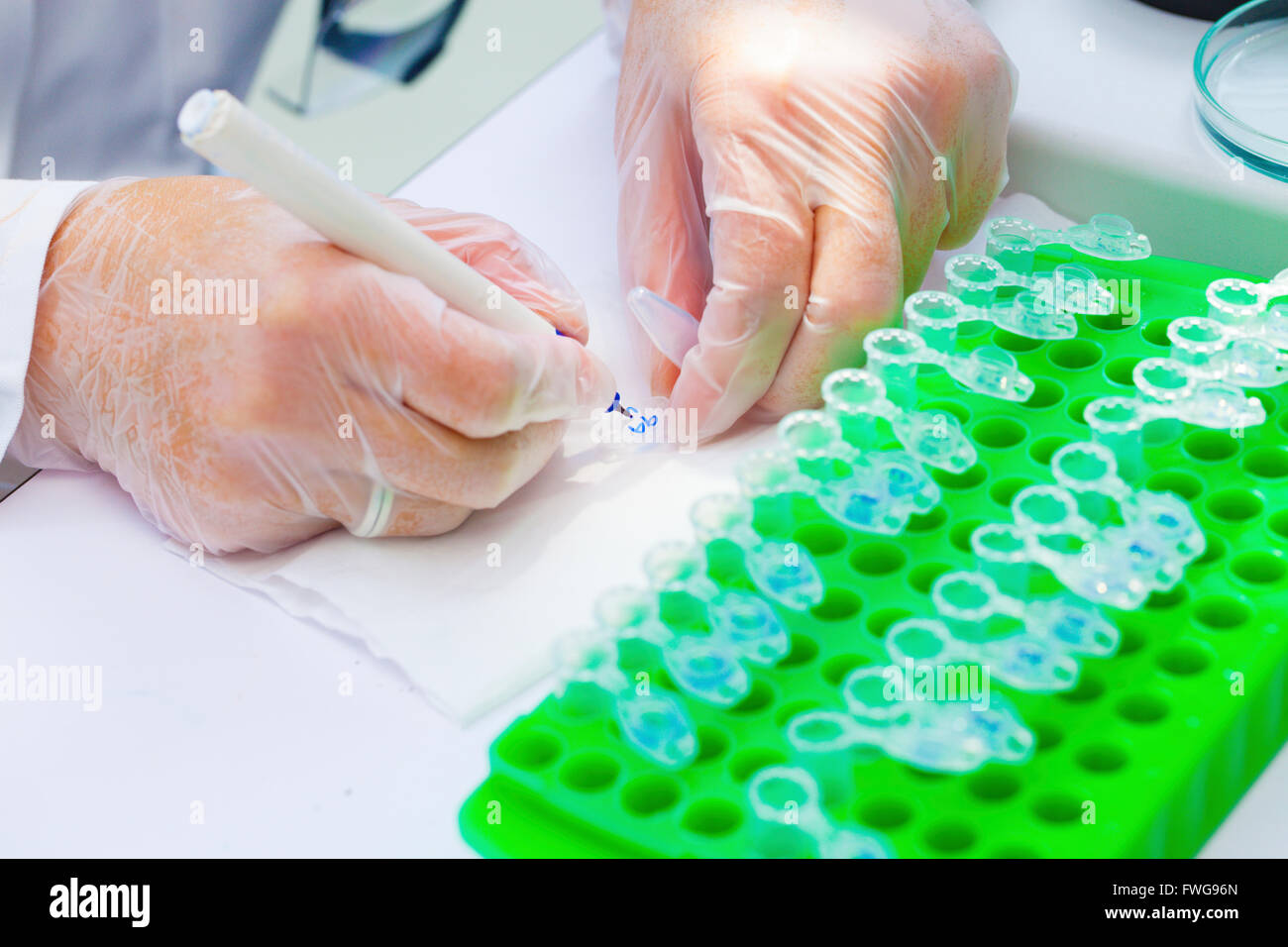 Scientist writing on microtubes in the laboratory Stock Photo - Alamy
