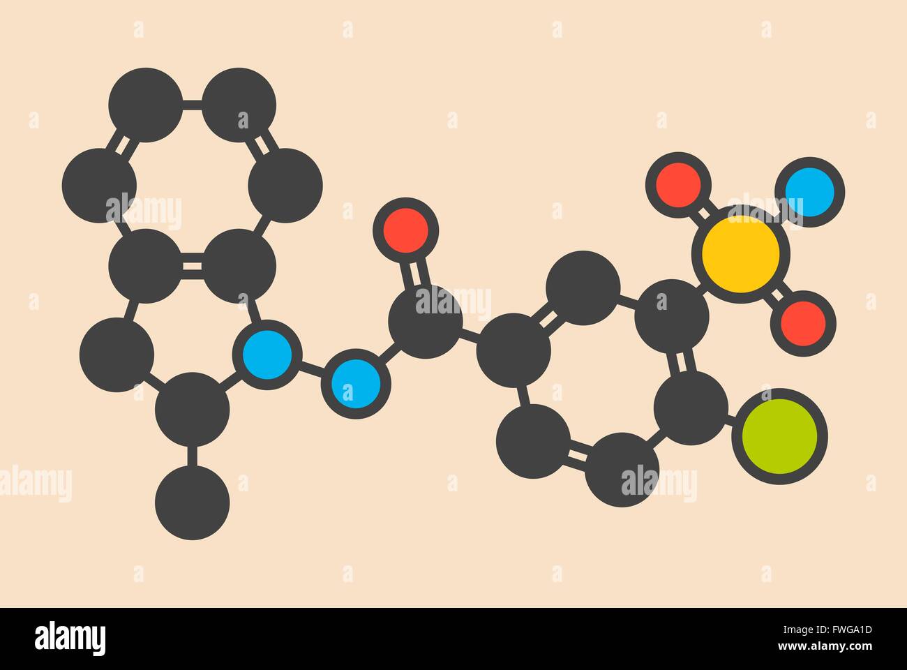 Indapamide hypertension drug molecule (diuretic) Stylized skeletal ...