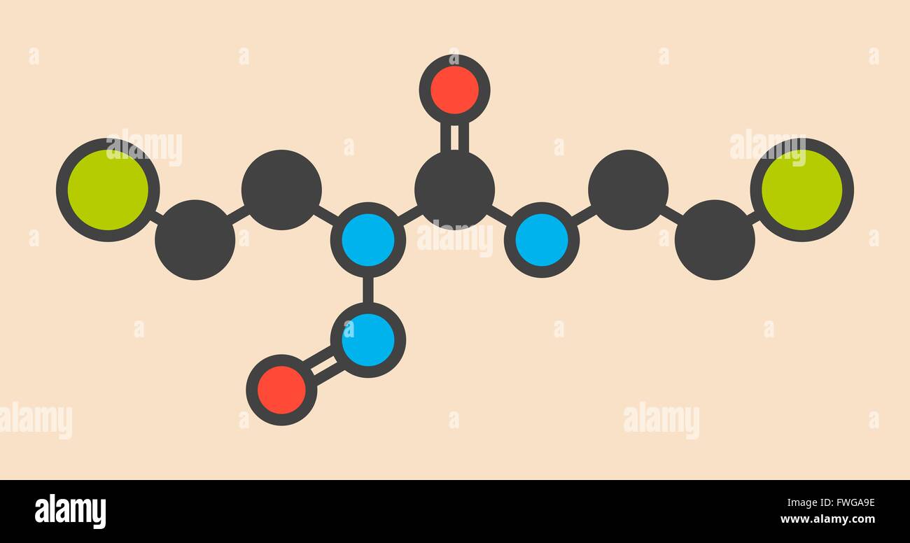 Carmustine (BCNU) cancer chemotherapy drug molecule Stylized skeletal ...