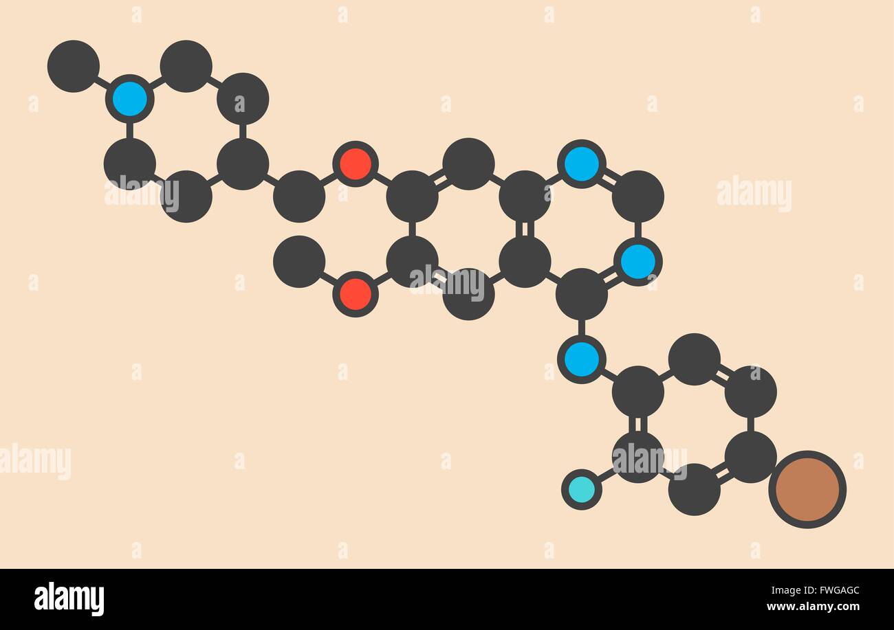 Vandetanib cancer drug molecule (kinase inhibitor) Stylized skeletal ...
