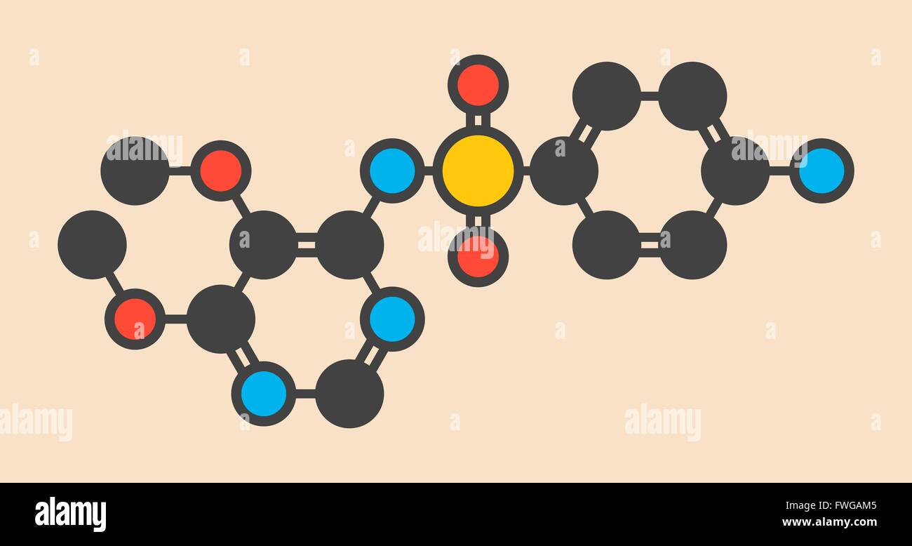 Sulfadoxine malaria drug molecule (sulfonamide class) Stylized skeletal ...