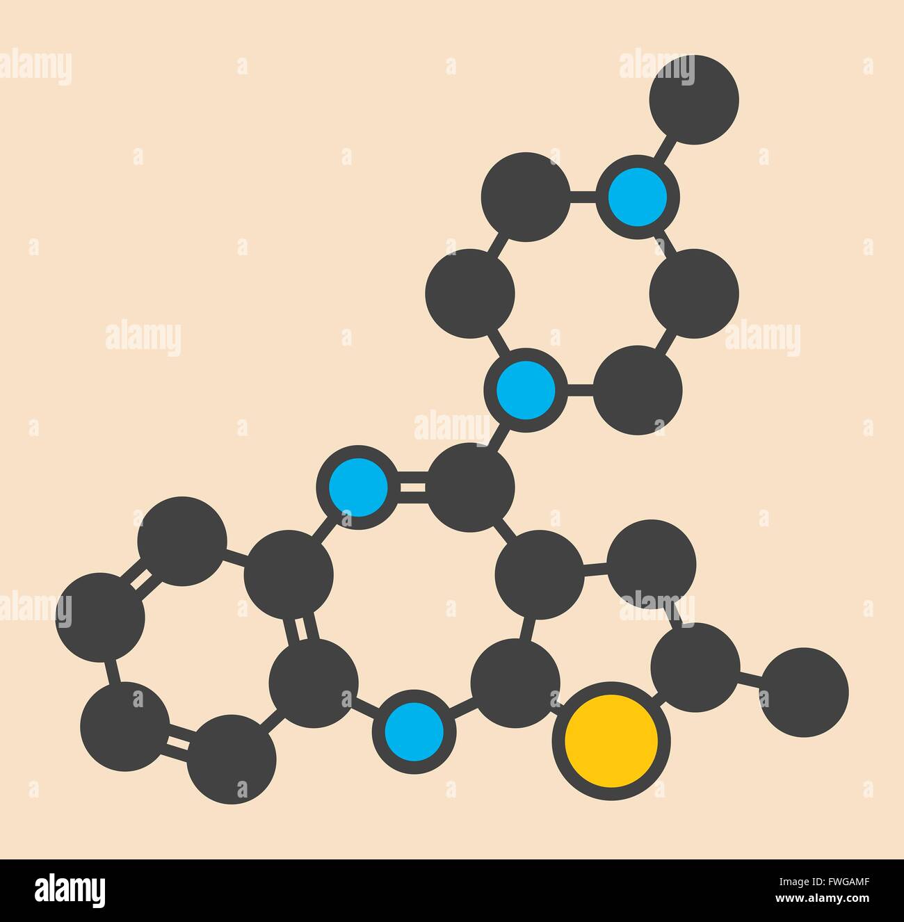 Olanzapine antipsychotic drug molecule Stylized skeletal formula ...