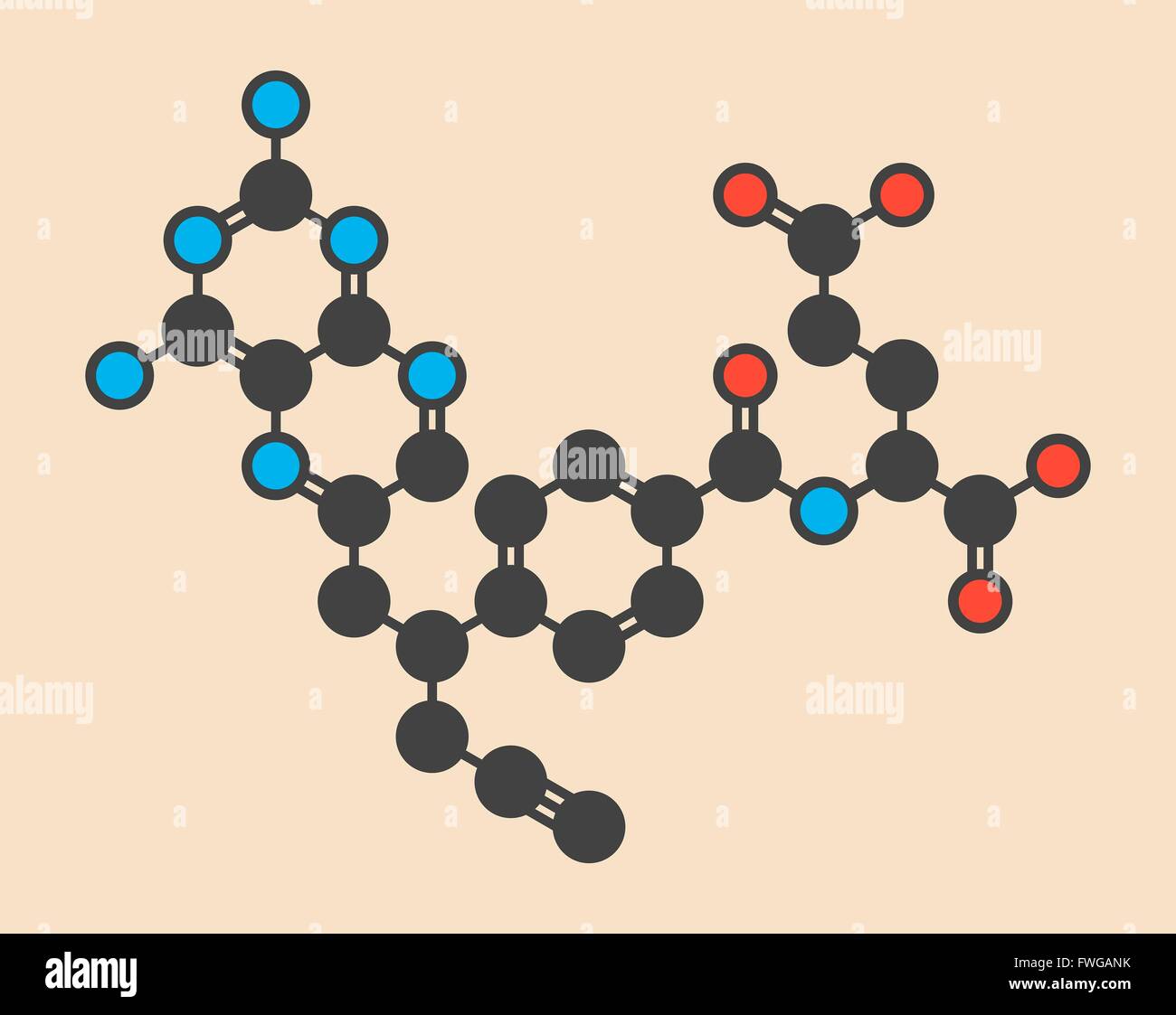 Pralatrexate cancer drug molecule (antifolate class) Stylized skeletal ...