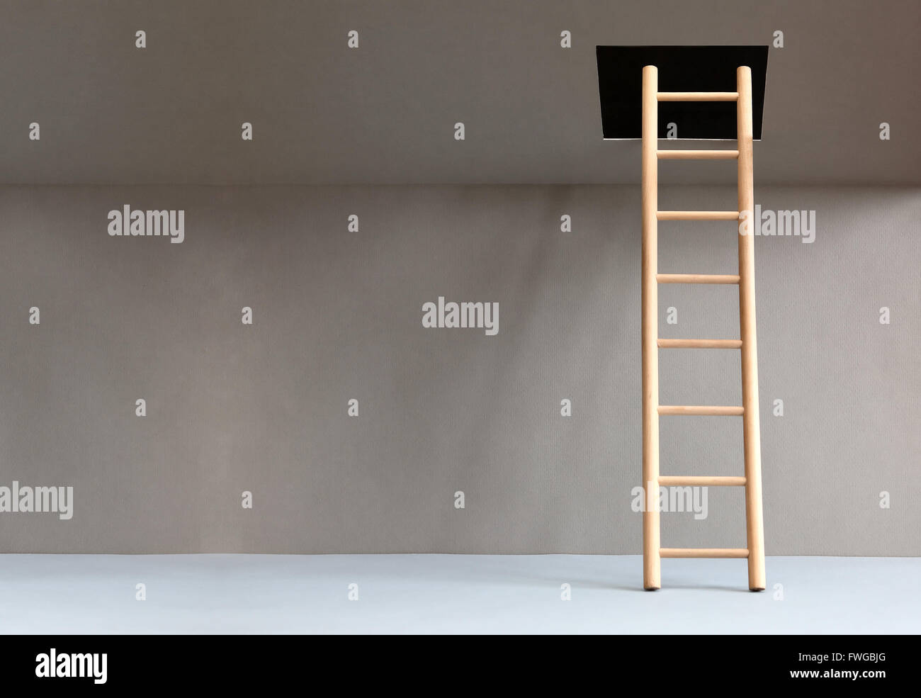 Escape concept. Wooden ladder in abstract empty room with hatch in ...