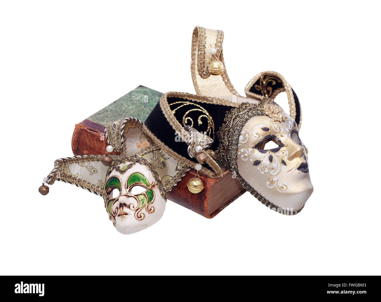 Art concept. Vintage still life with old book and Venetian masks Stock ...